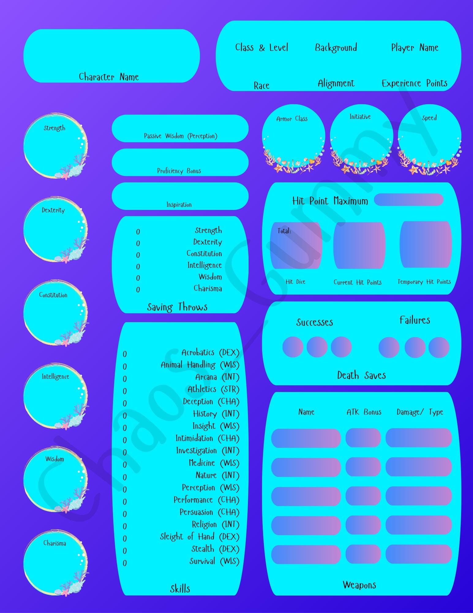 Ocean Themed 5e Character Sheet - Etsy