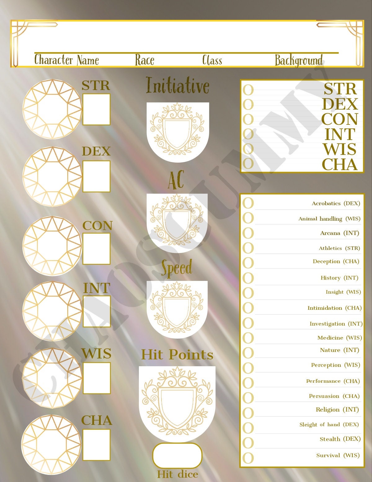 Shining Light Themed Digital Character Sheet - Etsy