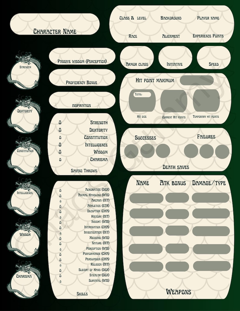 Green Dragon Themed 5e Character Sheet - Etsy
