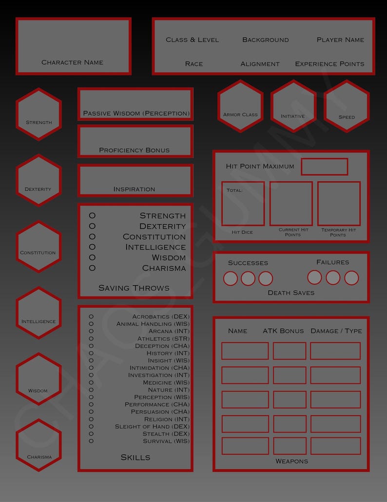 Red and Gray Themed 5e Character Sheet - Etsy