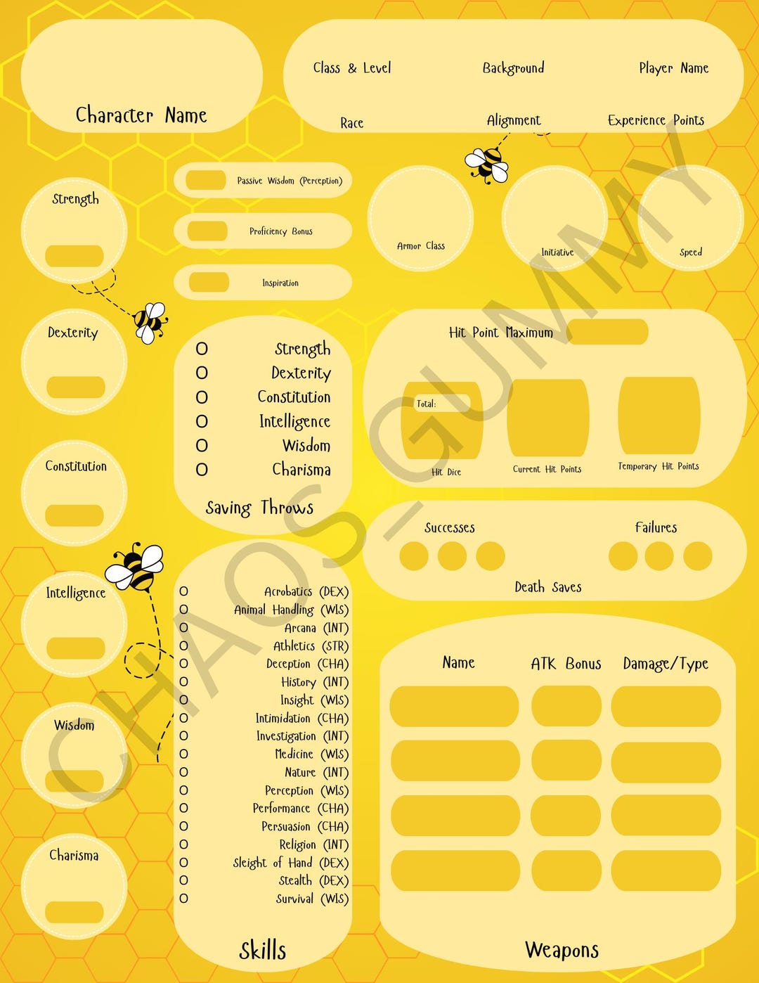 Honey Bee Themed 5e Character Sheet - Etsy