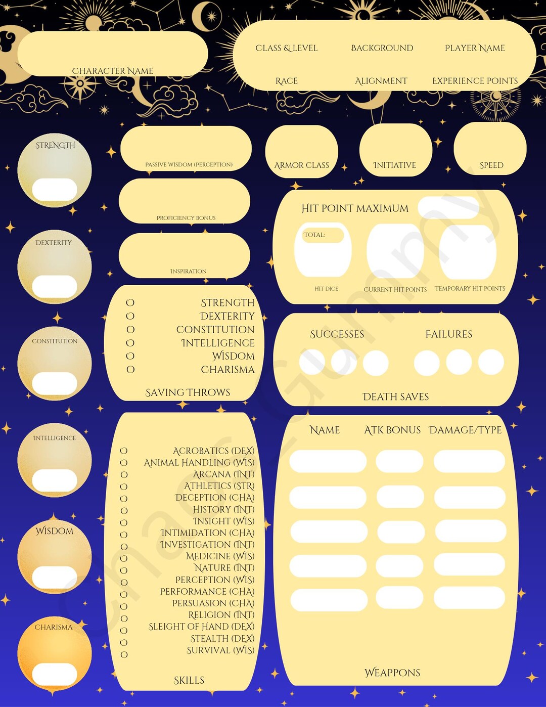 Celestial Themed 5e Character Sheet - Etsy