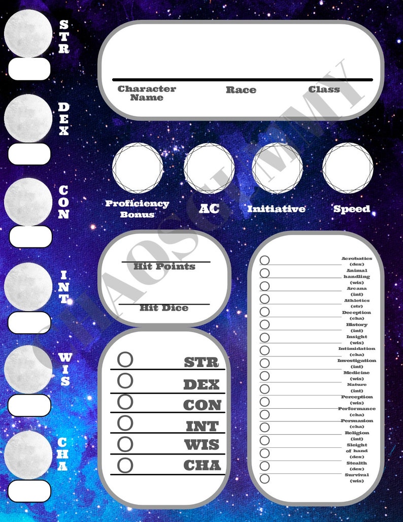 Galaxy Themed Digital Character Sheet - Etsy