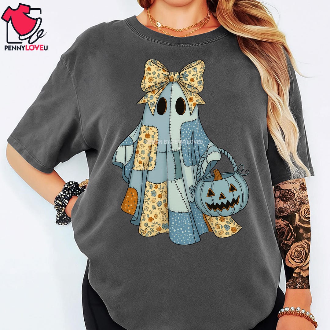 Retro Halloween Blue Denim Ghost Png, Trendy Patchwork Spooky Ghost Png ...