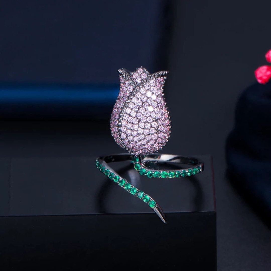 Two Tone CZ Ring/ Tulips Ring/ Trendy Royal Blue Rose Flower Ring ...