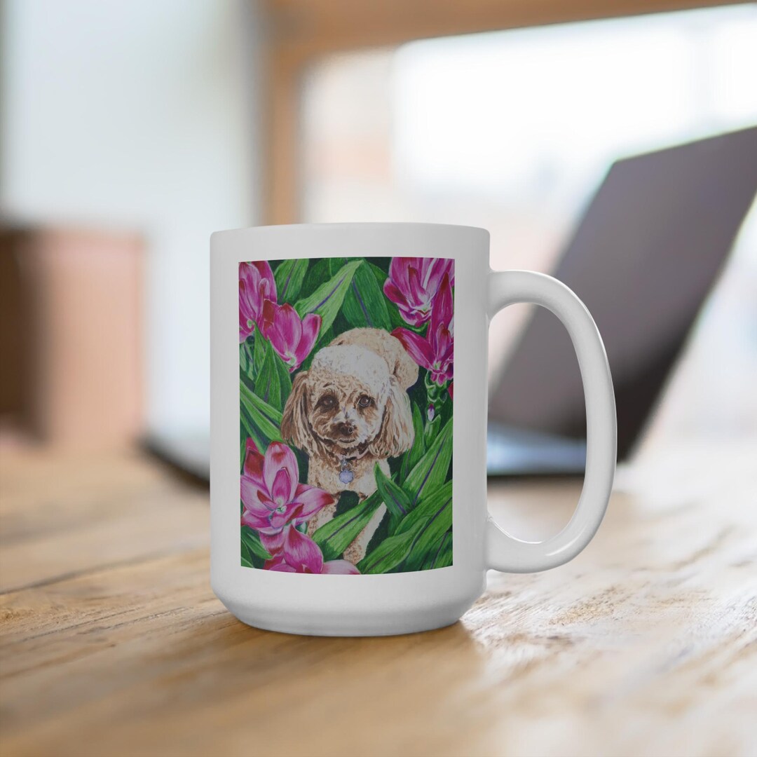 Poodle Mug 15oz - Cute Poodle With Pink Flowers, Dog Lover Gift, Floral ...
