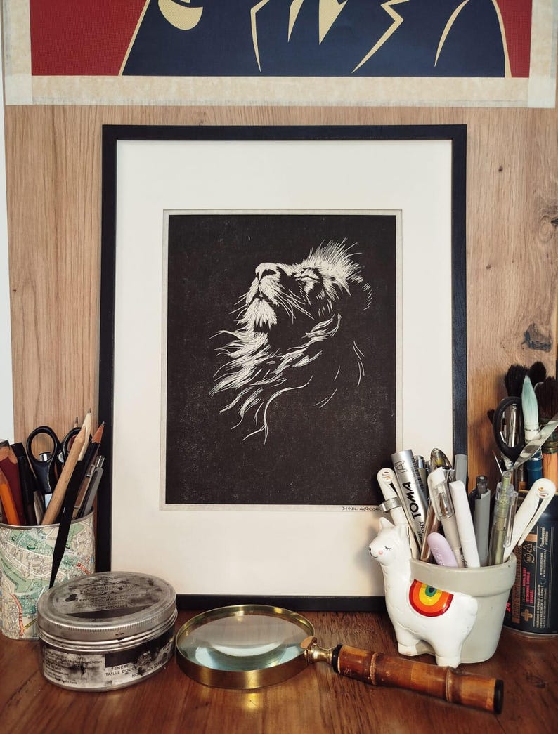 Handmade Lion Linocut Print: Black and White Graphic Artwork - Etsy