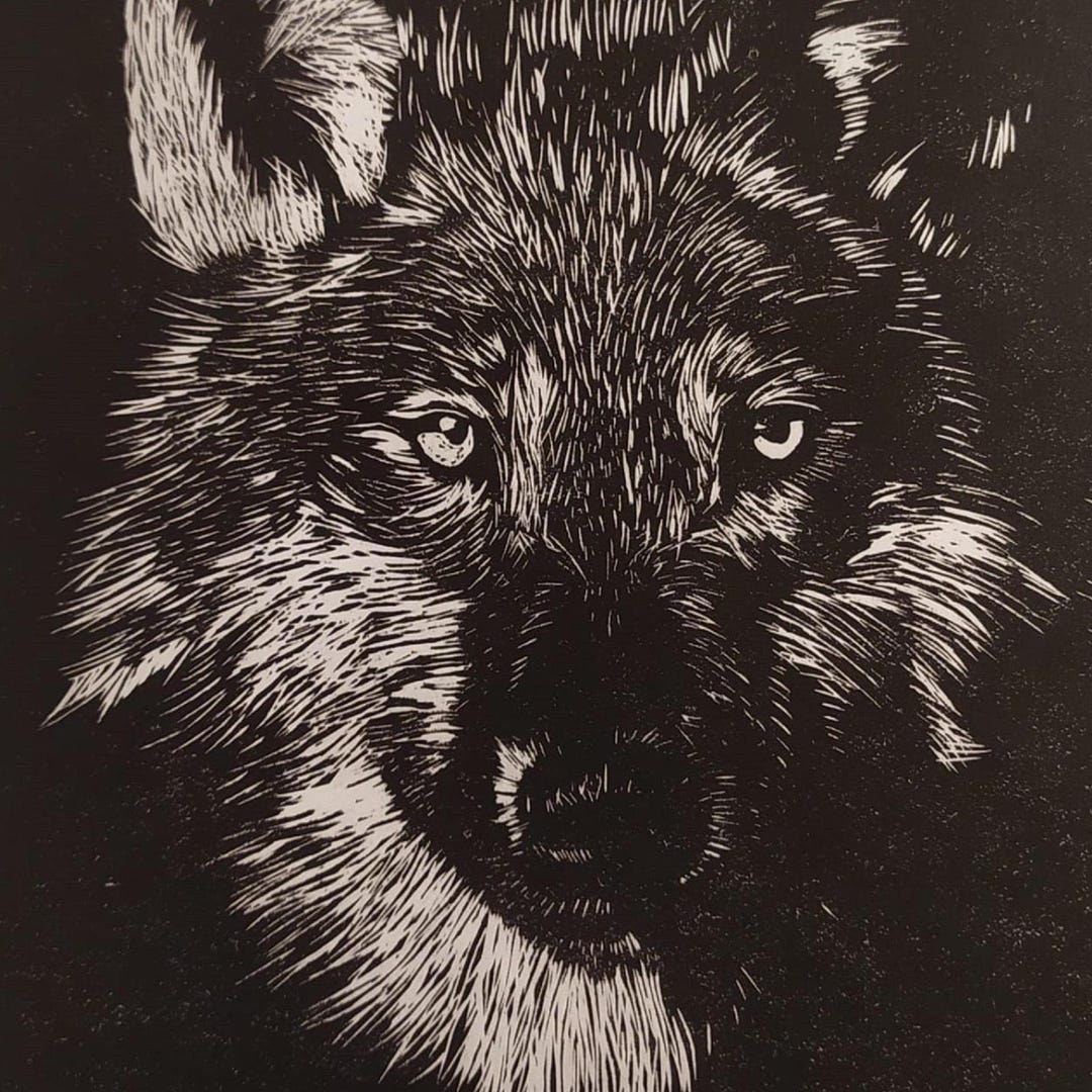 Handcrafted Linocut Wolf Print: Black and White Art on Japanese Rice ...