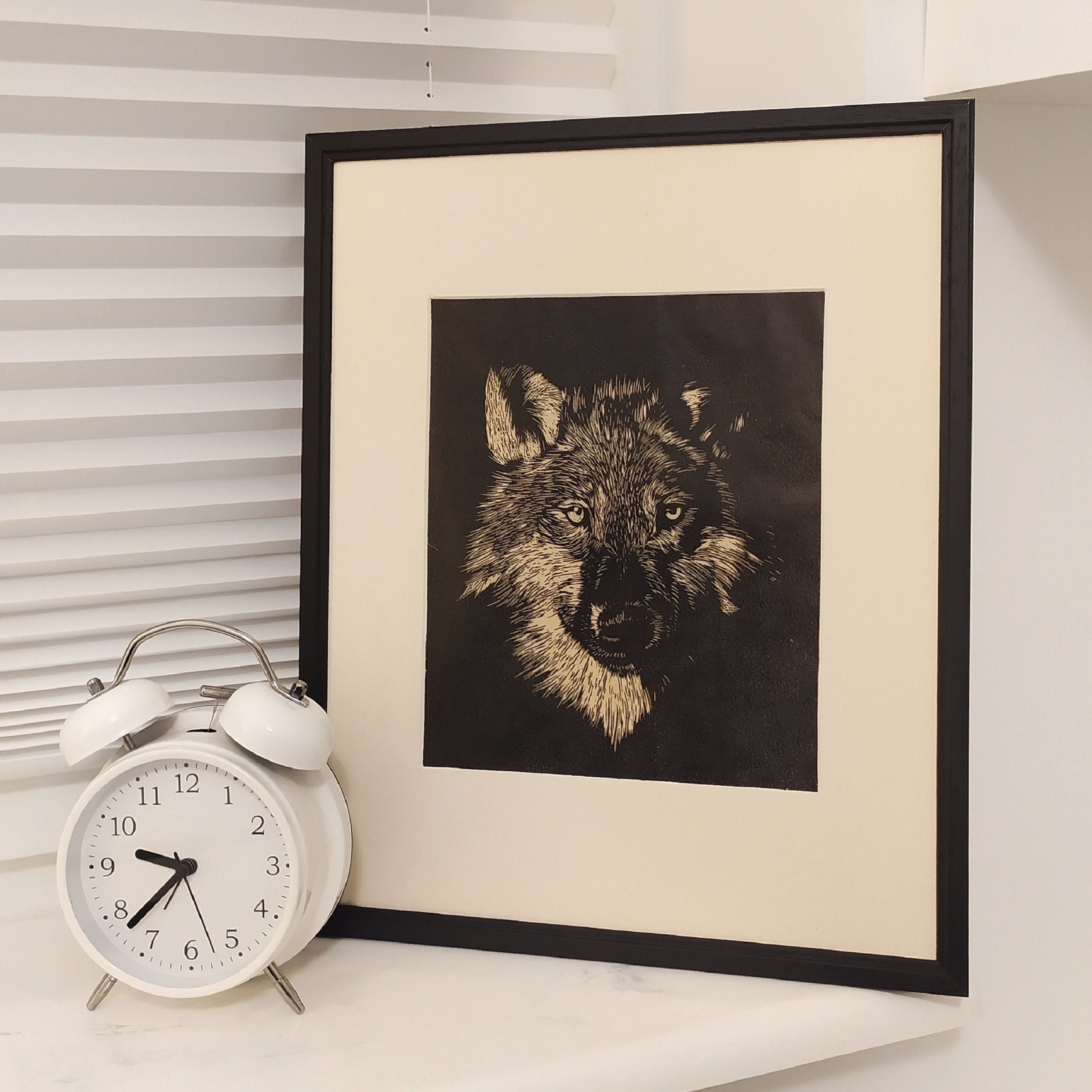 Handcrafted Linocut Wolf Print – Unique Black & White Art on Japanese ...