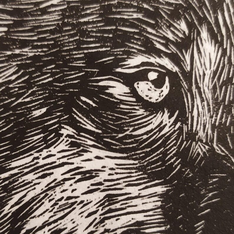 Handcrafted Linocut Wolf Print – Unique Black & White Art on Japanese ...