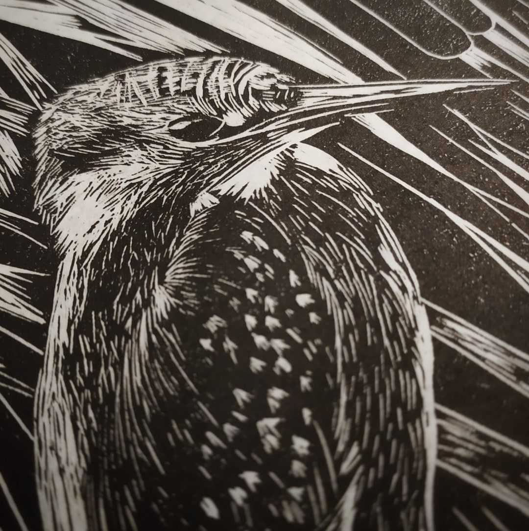 Intricate Kingfisher Linocut Artwork, Handcrafted Nature Scene, Vintage ...