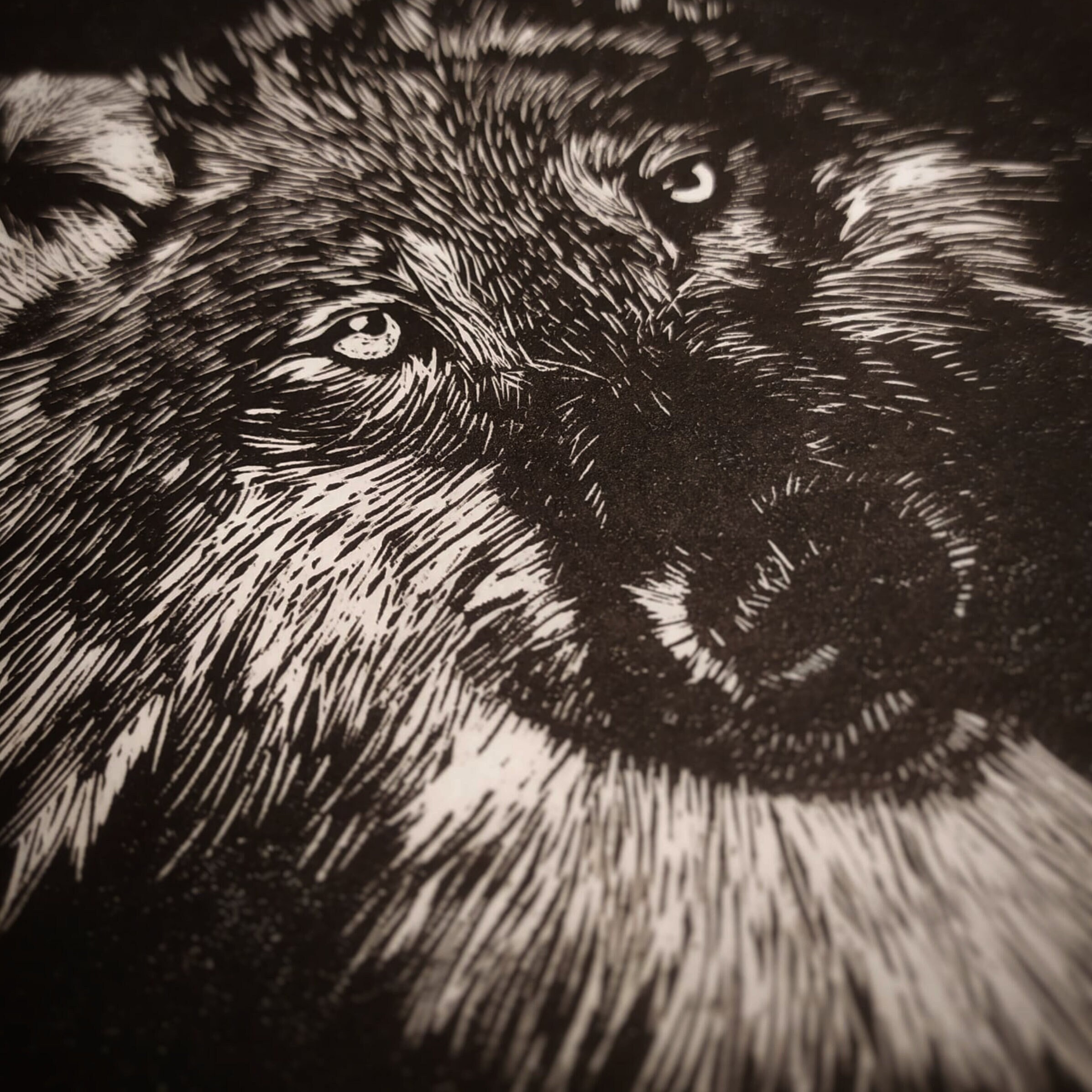 Handcrafted Linocut Wolf Print – Unique Black & White Art on Japanese ...