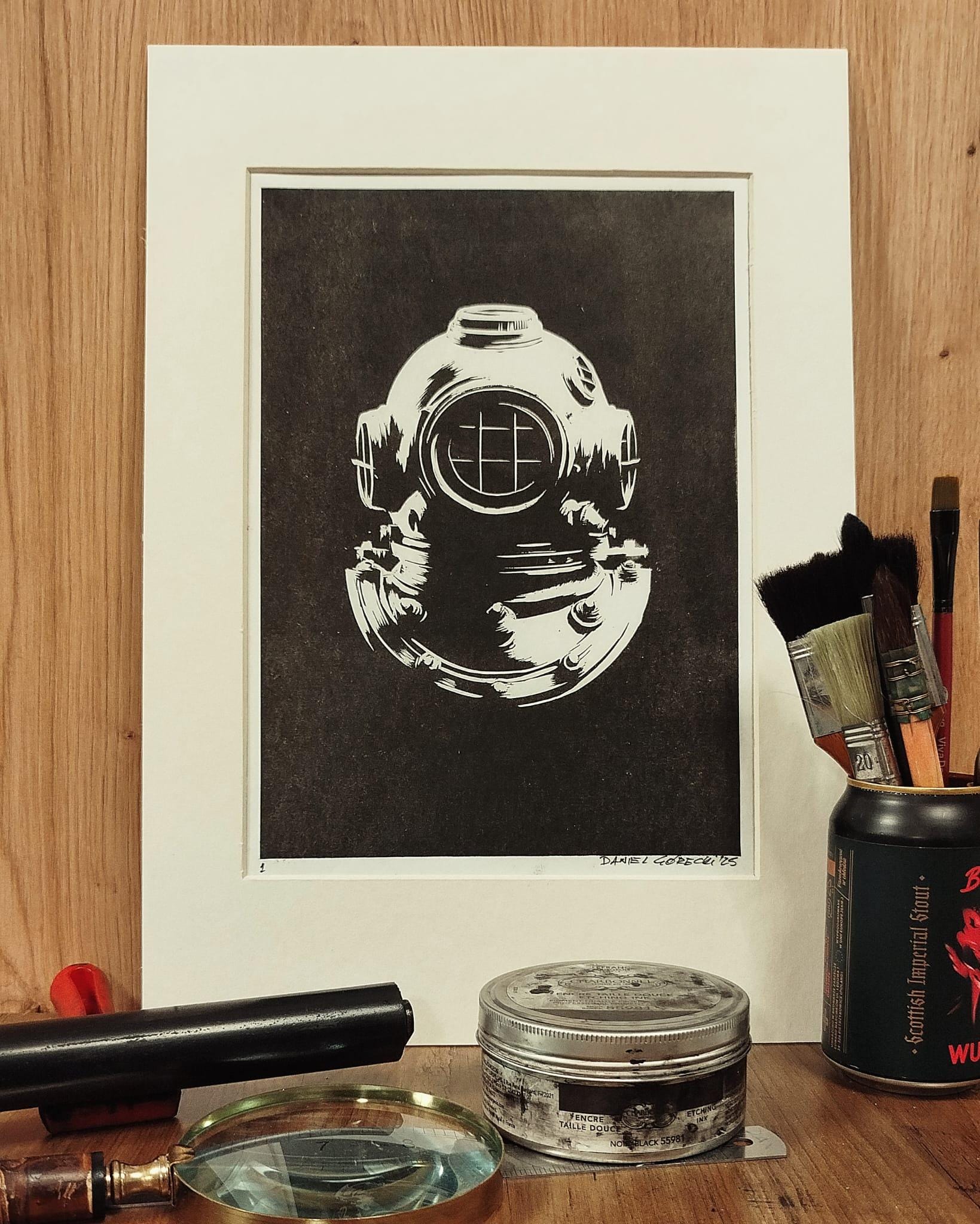 Vintage Diver Linocut Print – Timeless Nautical Art - Etsy