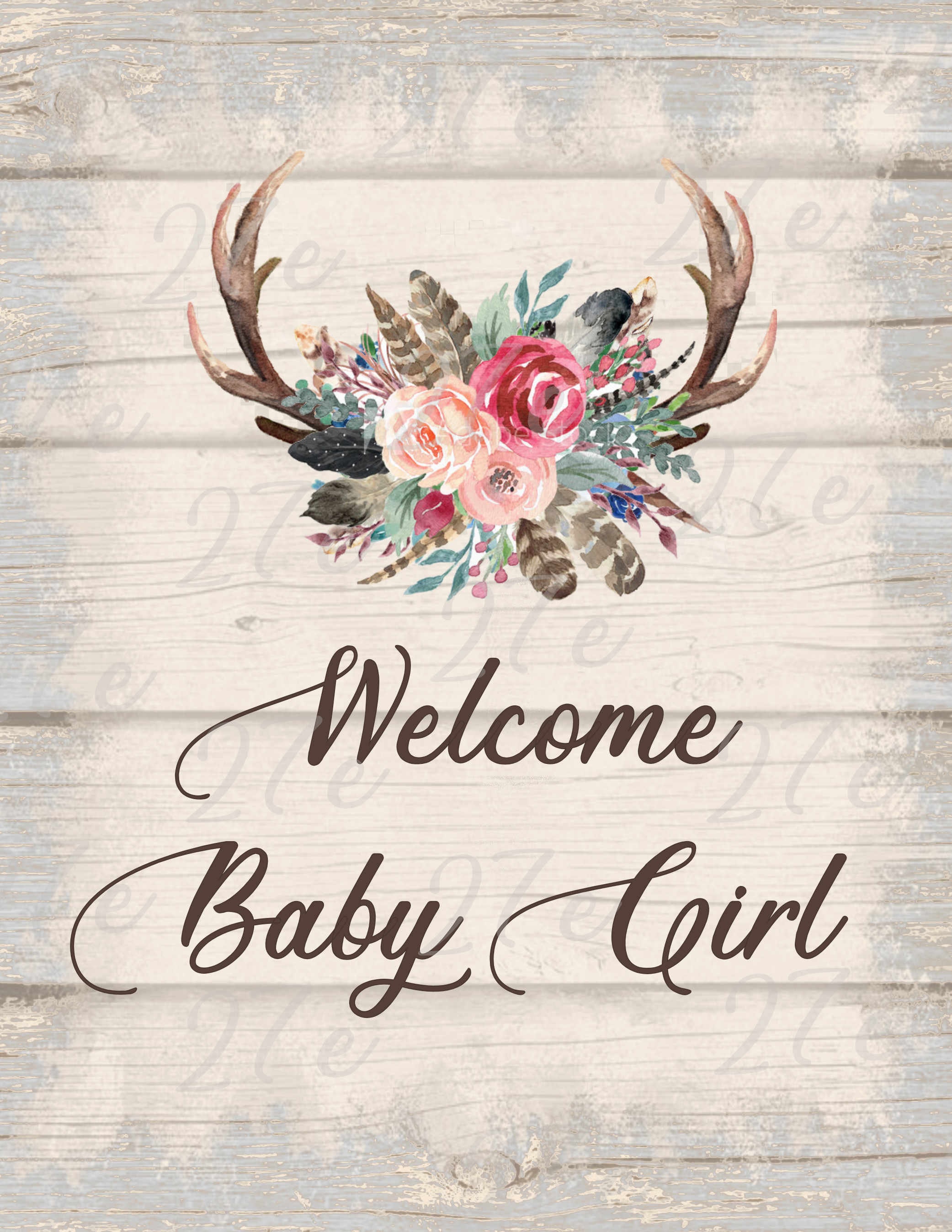 Welcome Baby Girl Pink Rose Deer Antler Rustic Baby Shower Sign Digital ...