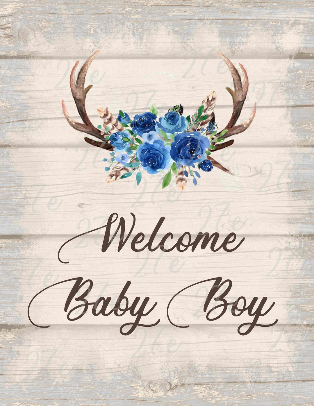 Welcome Baby Boy Blue Rose Deer Antler Rustic Baby Shower Sign Digital ...
