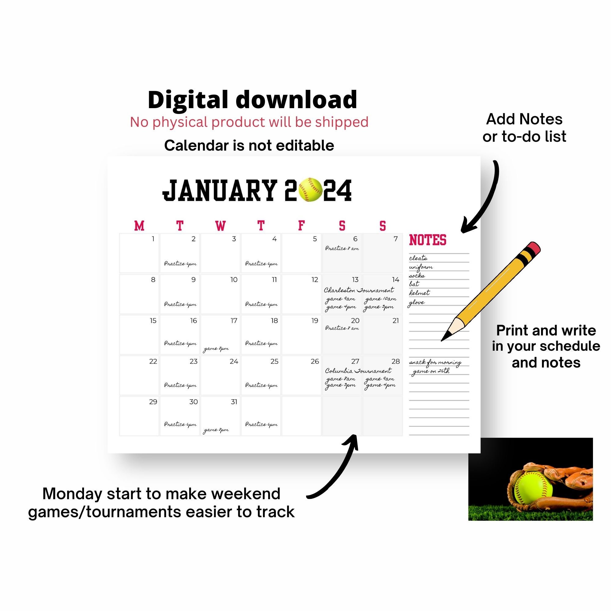 2024 Printable Calendar Softball Bundle Schedule Template Softball ...