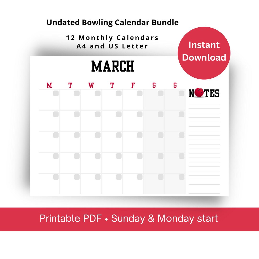 Printable Monthly Blank Calendar Bowling Team Calendar Blank Monthly ...