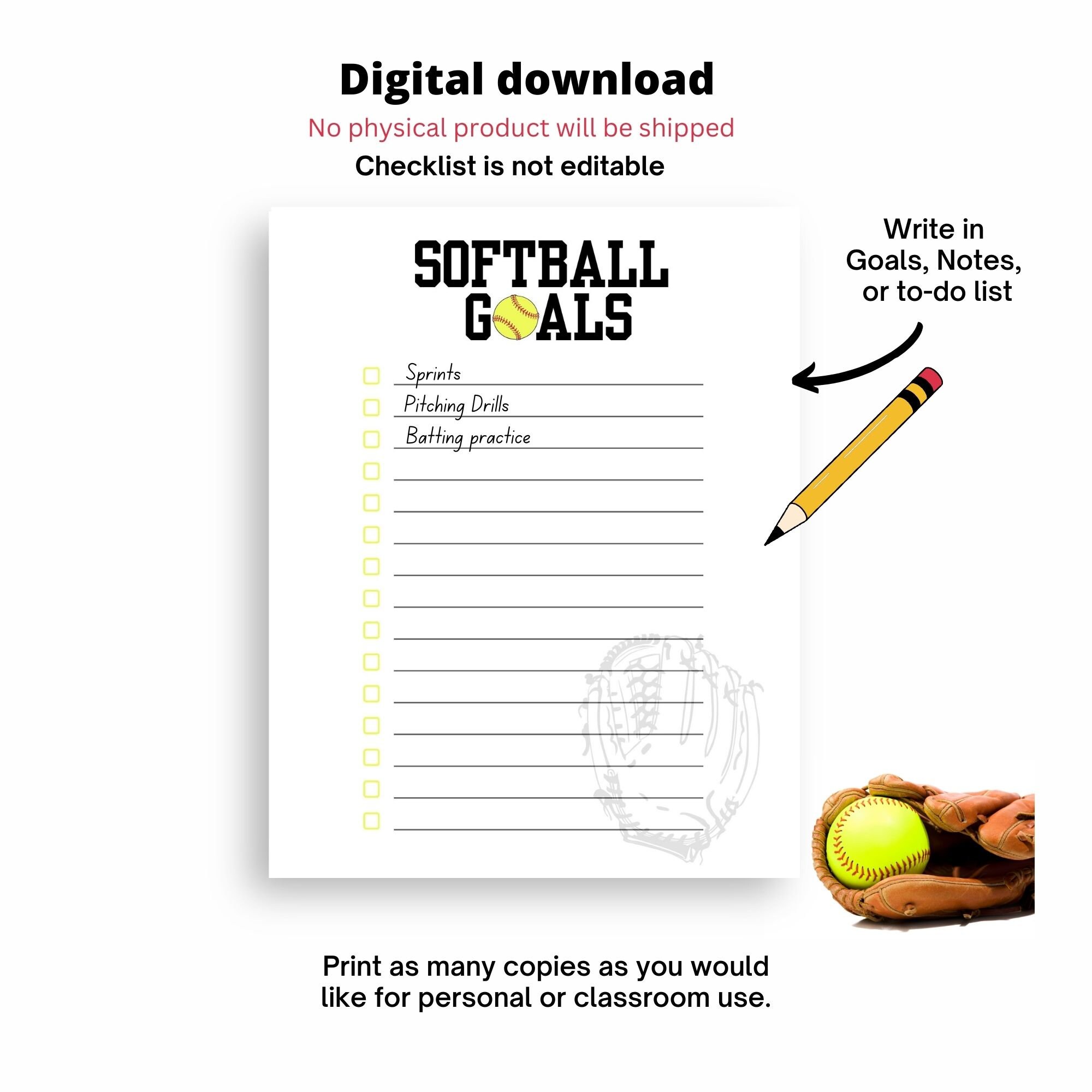 Softball Goals Checklist Printable to Do List Softball Gift for Her ...