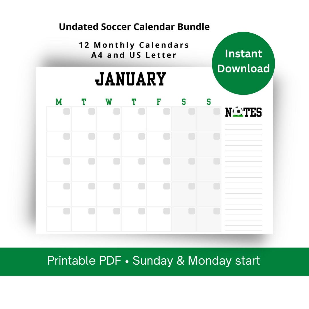 Printable Monthly Blank Calendar Soccer Team Calendar Blank Monthly ...