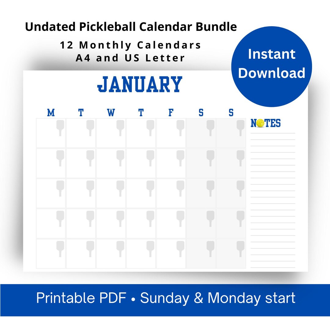 Printable Blank Monthly Calendar Pickleball Digital Monthly Planner ...