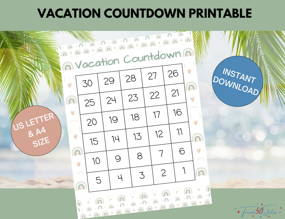 30 Day Countdown Vacation Trip | Rainbow Printable | Days Until ...