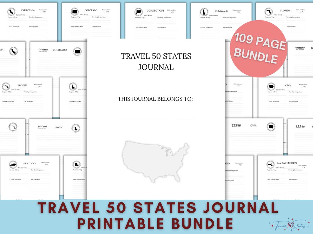 All 50 States Travelers Journal Printable Bundle | USA Travel Diary ...