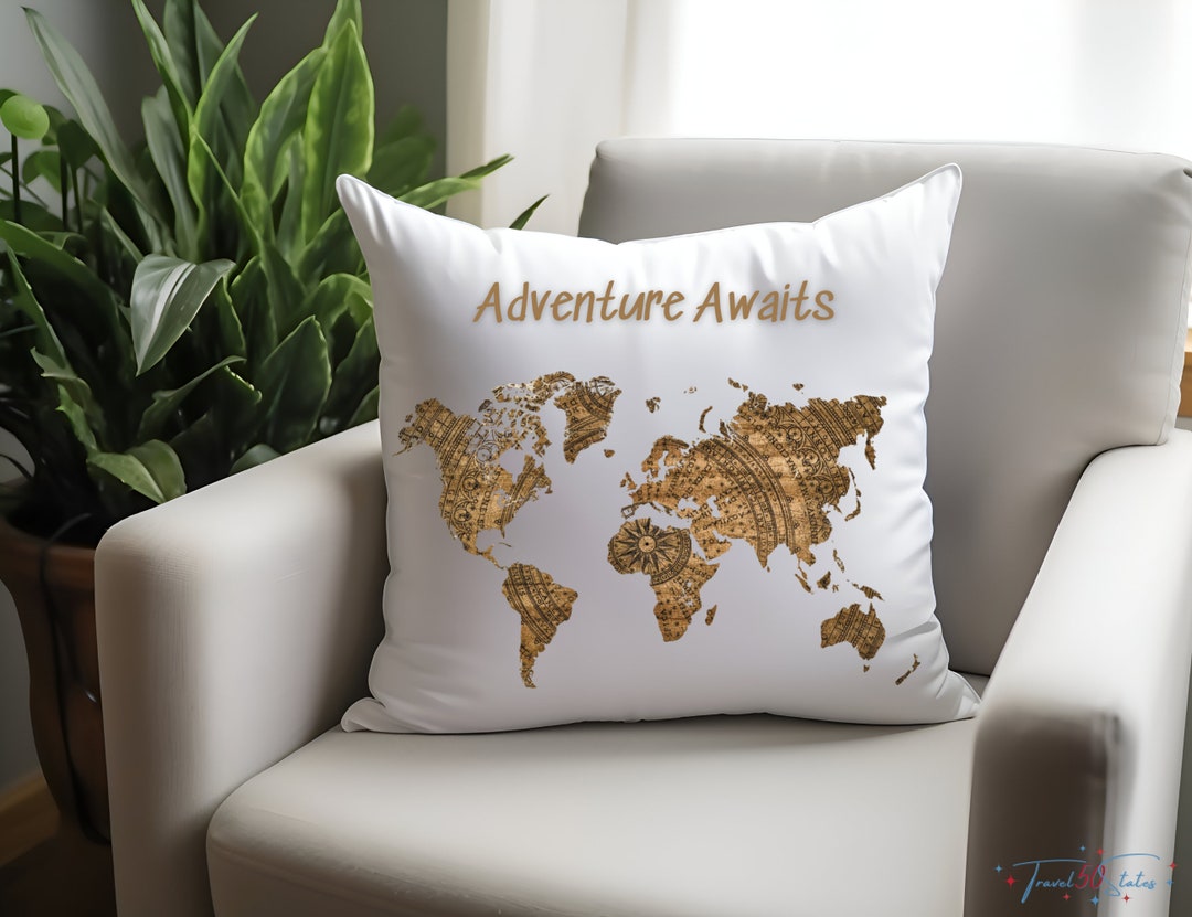 Adventure Awaits World Map Pillow, Gold World Map Decor, Adventure ...