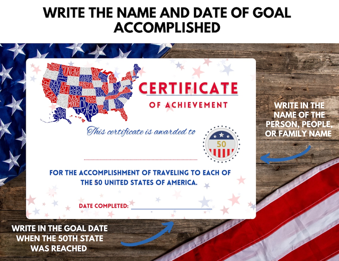 Traveled to All 50 States Certificate of Achievement, 50 States Club ...
