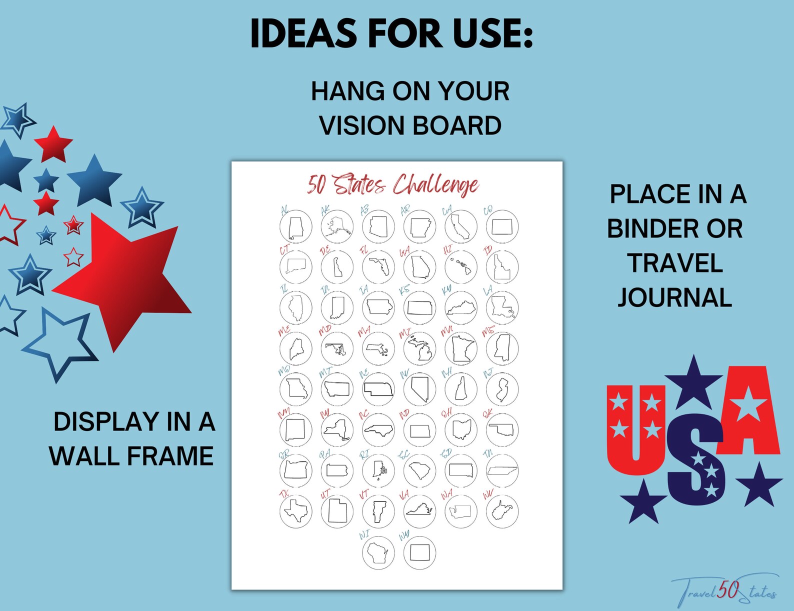 50 States Challenge, Travel All 50 States Bucket List Printable, USA ...