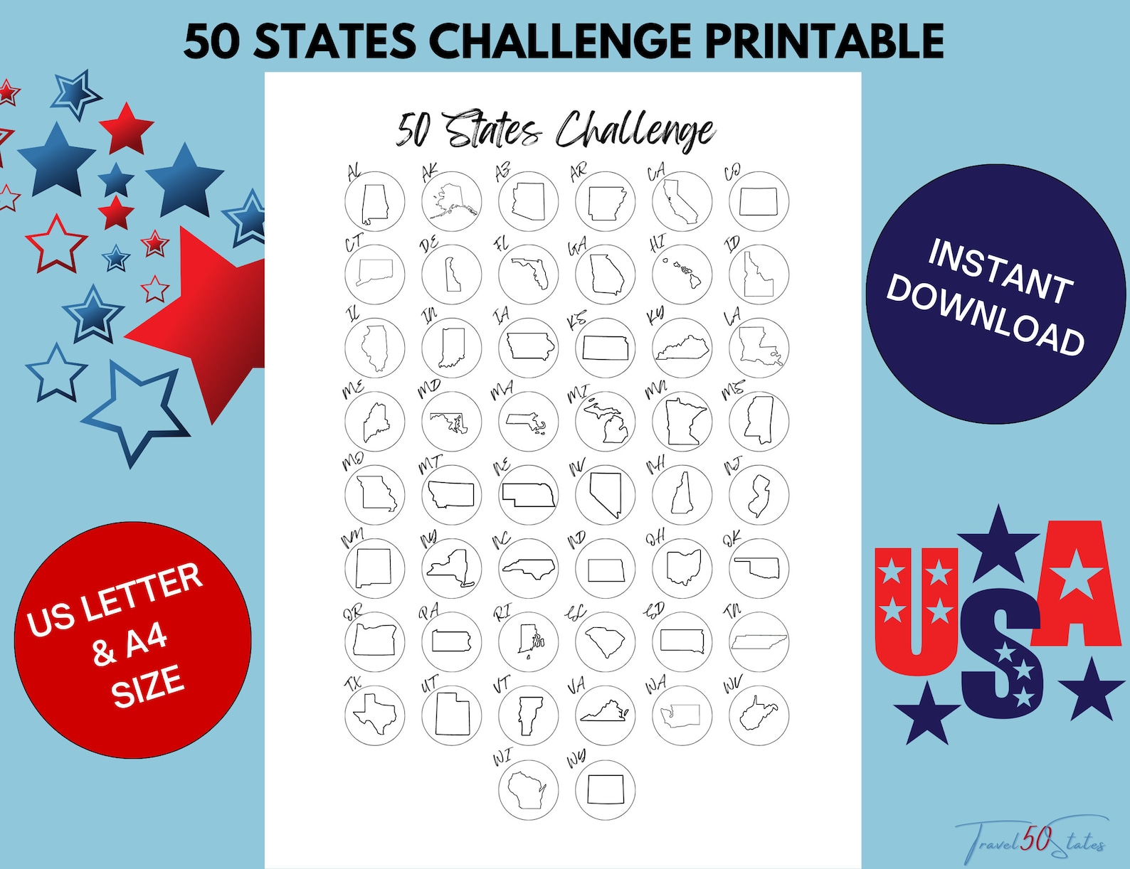 50 States Challenge, Travel All 50 States Bucket List Printable, USA ...