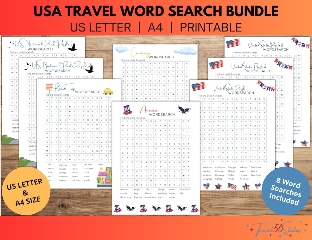 Word Search USA Travel, America States and National Parks Road Trip ...