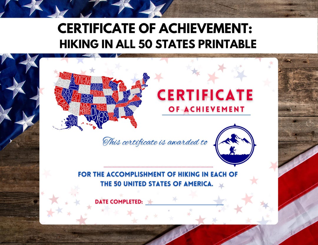 Hiked All 50 States Certificate of Achievement: Printable Hiking Award ...