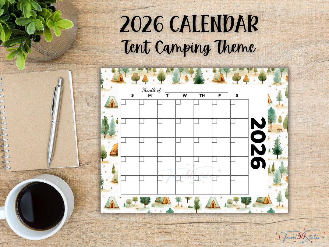 2026 Calendar Printable, Monthly Calendar, Tent Camping Theme Travel ...