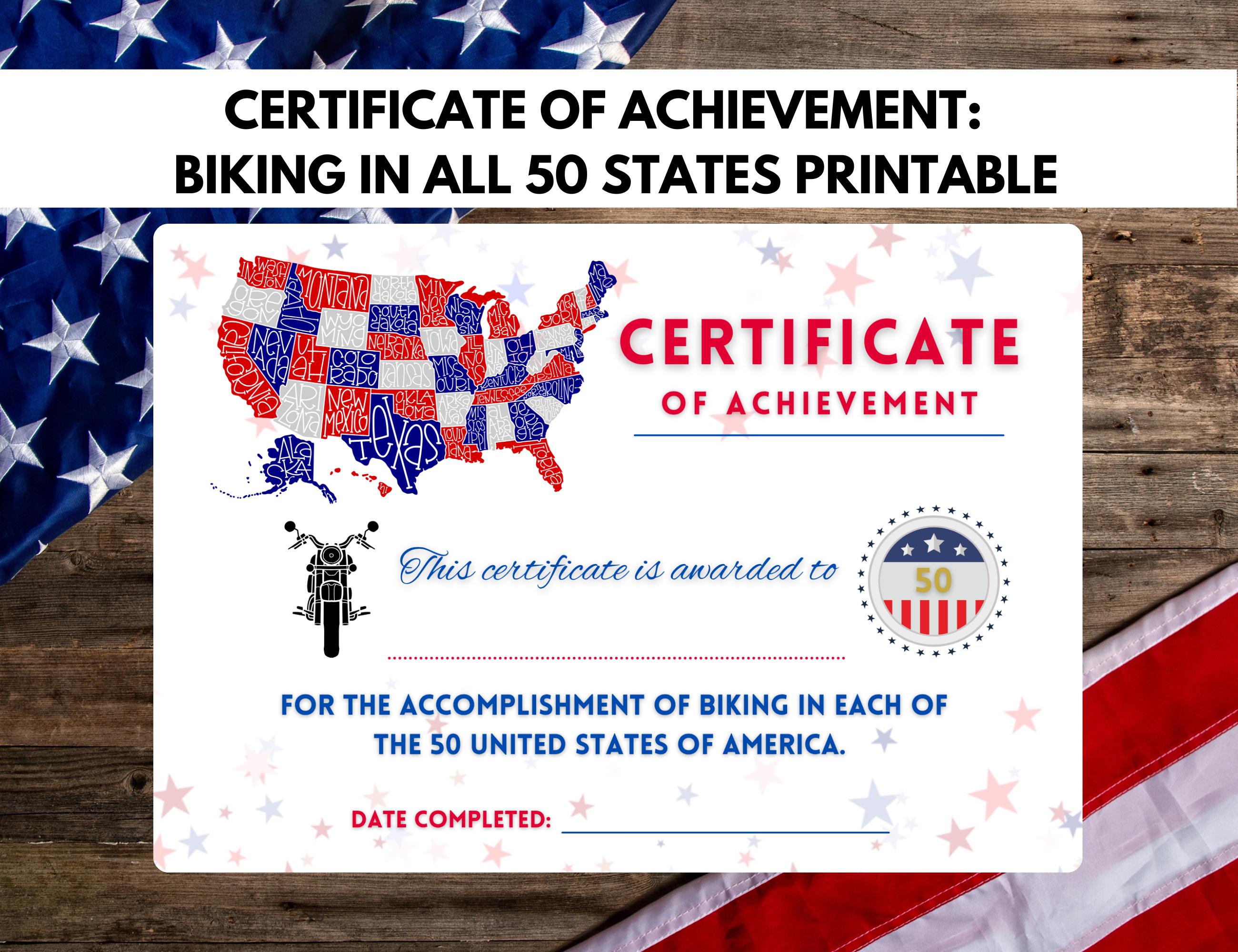 All 50 States Motorcycle Achievement Certificate, Biker Travel Award ...