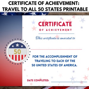Traveled to All 50 States Certificate of Achievement , Fifty States ...