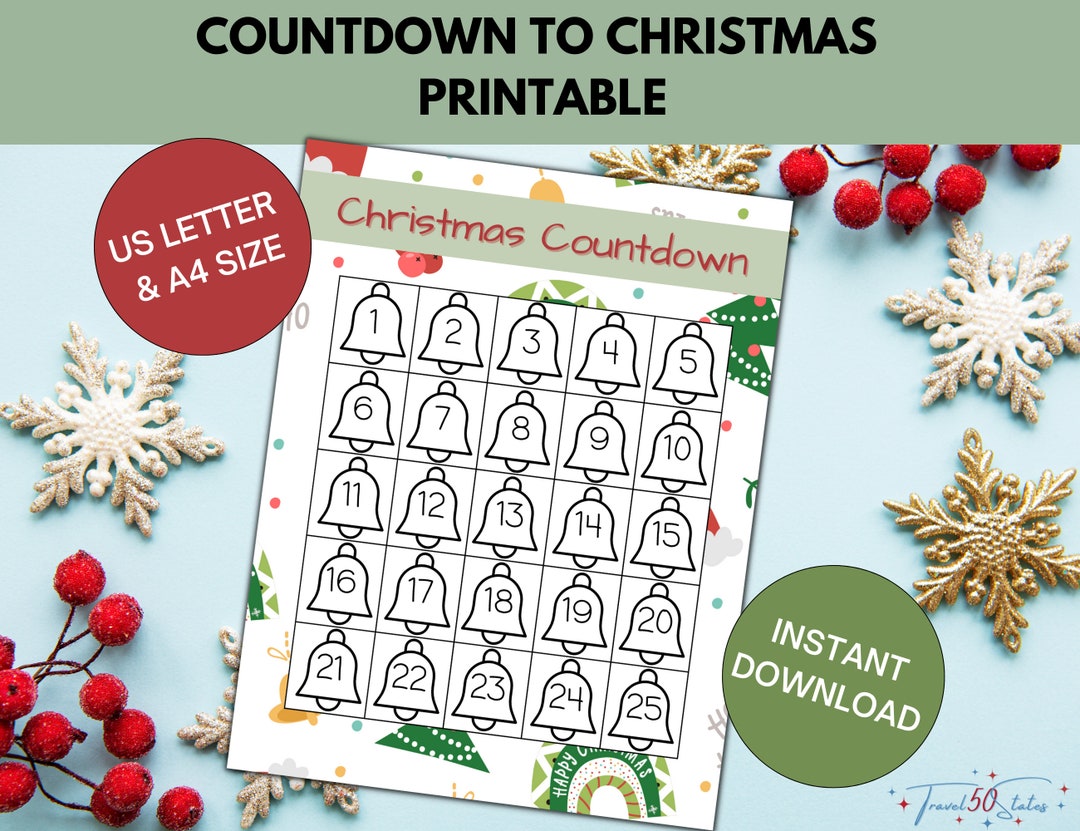 Countdown to Christmas Printable, 25 Days Countdown, Holiday Bells ...