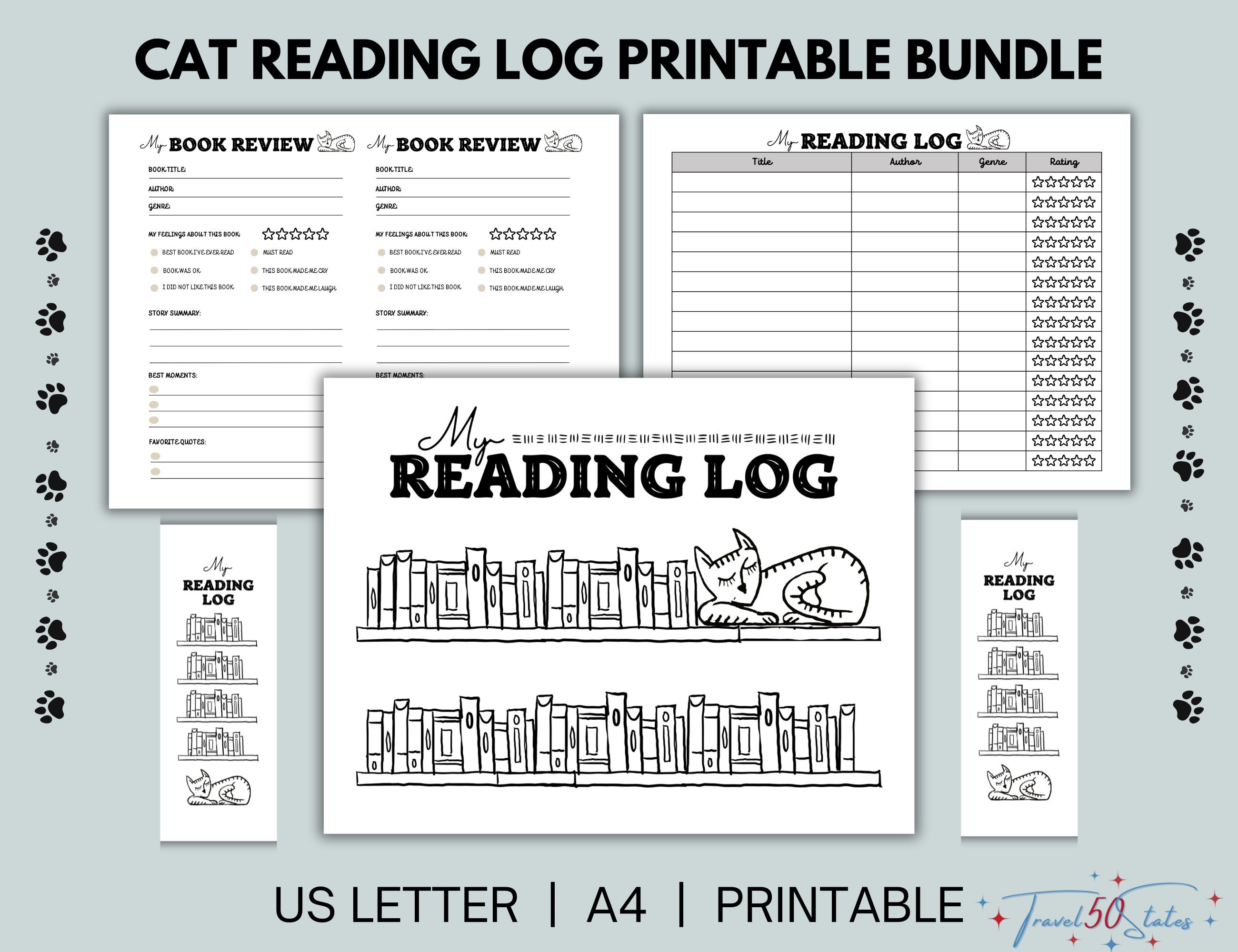 Reading Log Cat Printable Book Review Kids Reading Tracker Reading ...