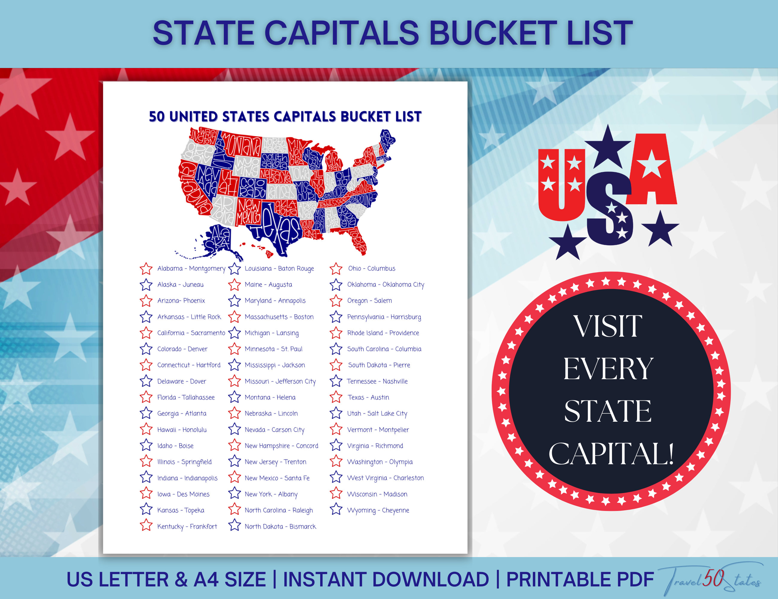 State Capitals Bucket List: USA Travel Checklist (PDF Download) - Etsy