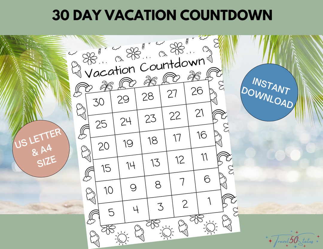 30 Day Countdown to Vacation | Trip Tracker | Kids Coloring Countdown ...