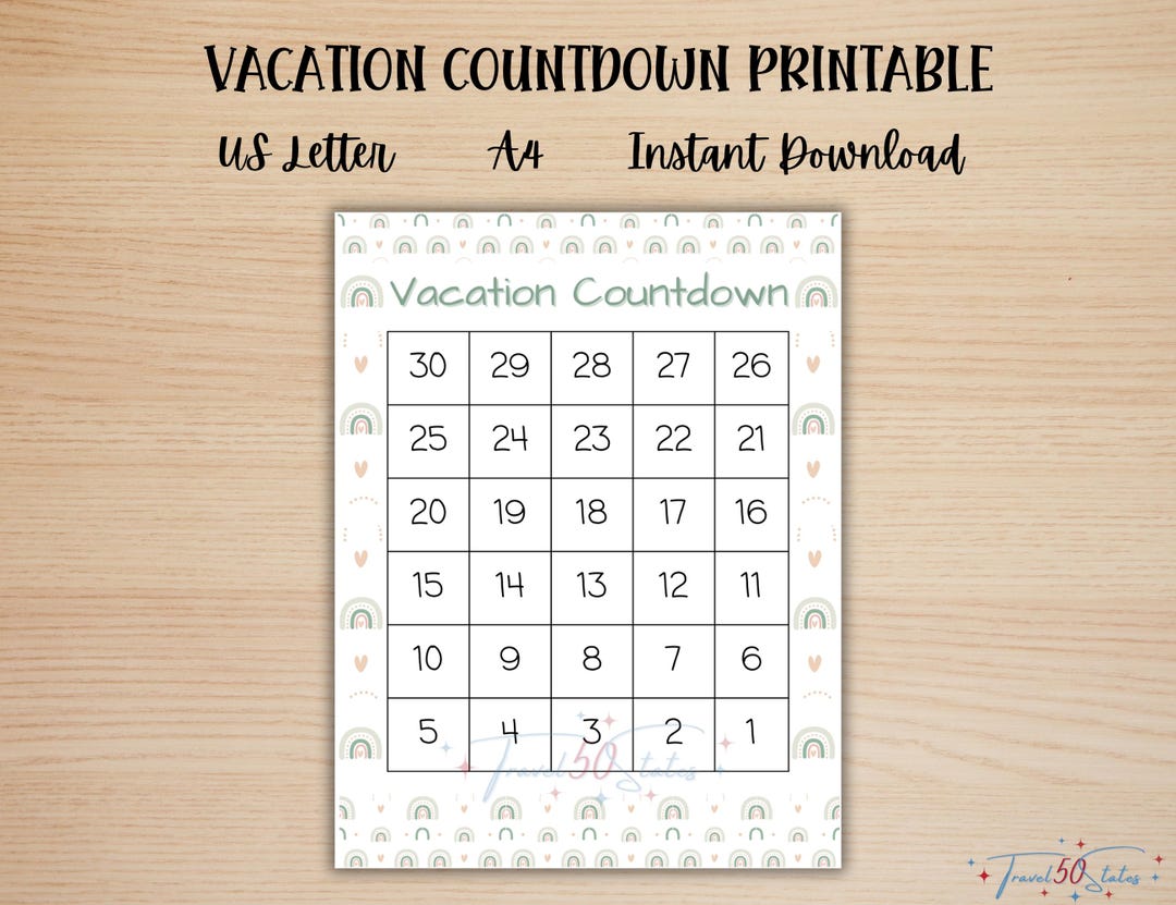 Vacation Countdown Rainbow Printable: 30 Day Trip Count Down for ...