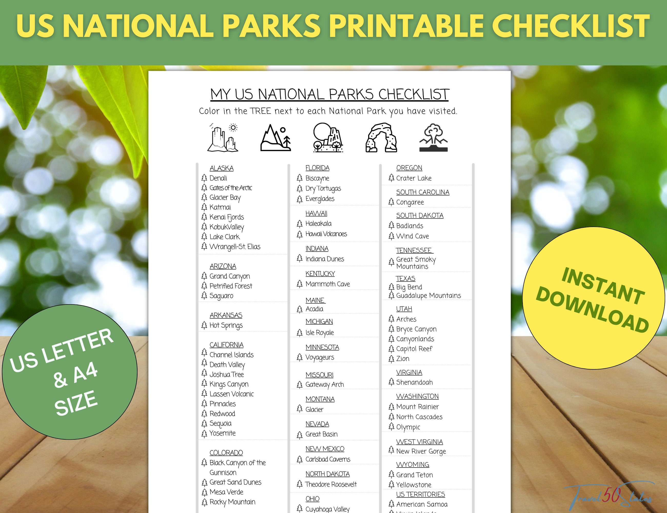 US National Parks Printable Checklist, All 63 United States National ...