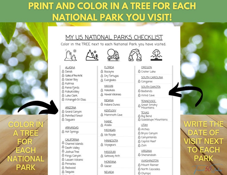 US National Parks Printable Checklist, All 63 United States National ...