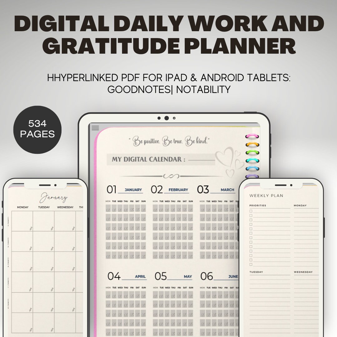 Digital Planner | Hyperlinked Daily Work and Gratitude Planner ...