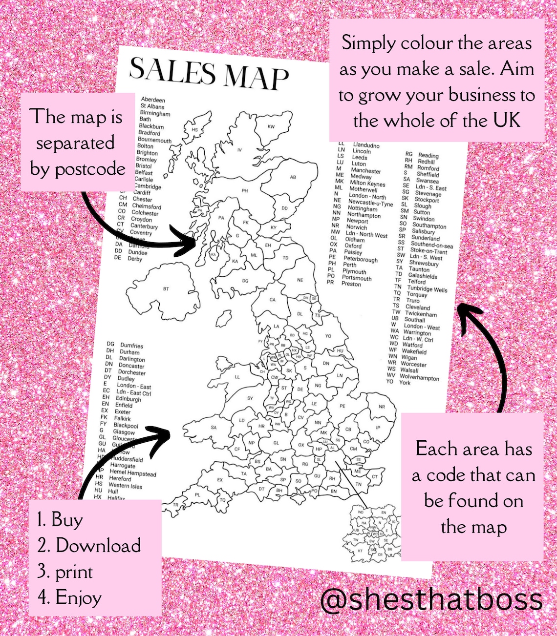 UK Sales Map, Printable Sales Map. Colour in Map, Business Postcode ...