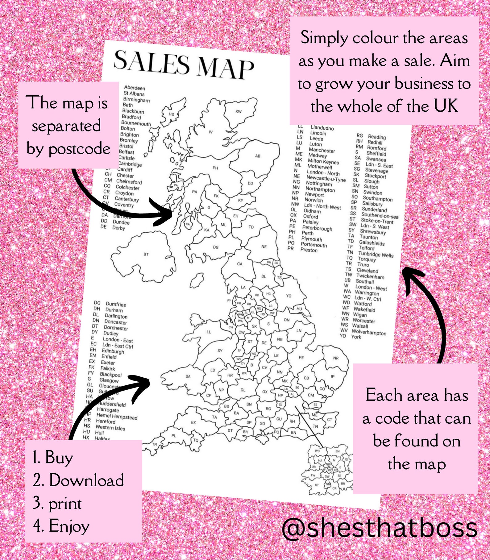UK Sales Map, Printable Sales Map. Colour in Map, Business Postcode ...