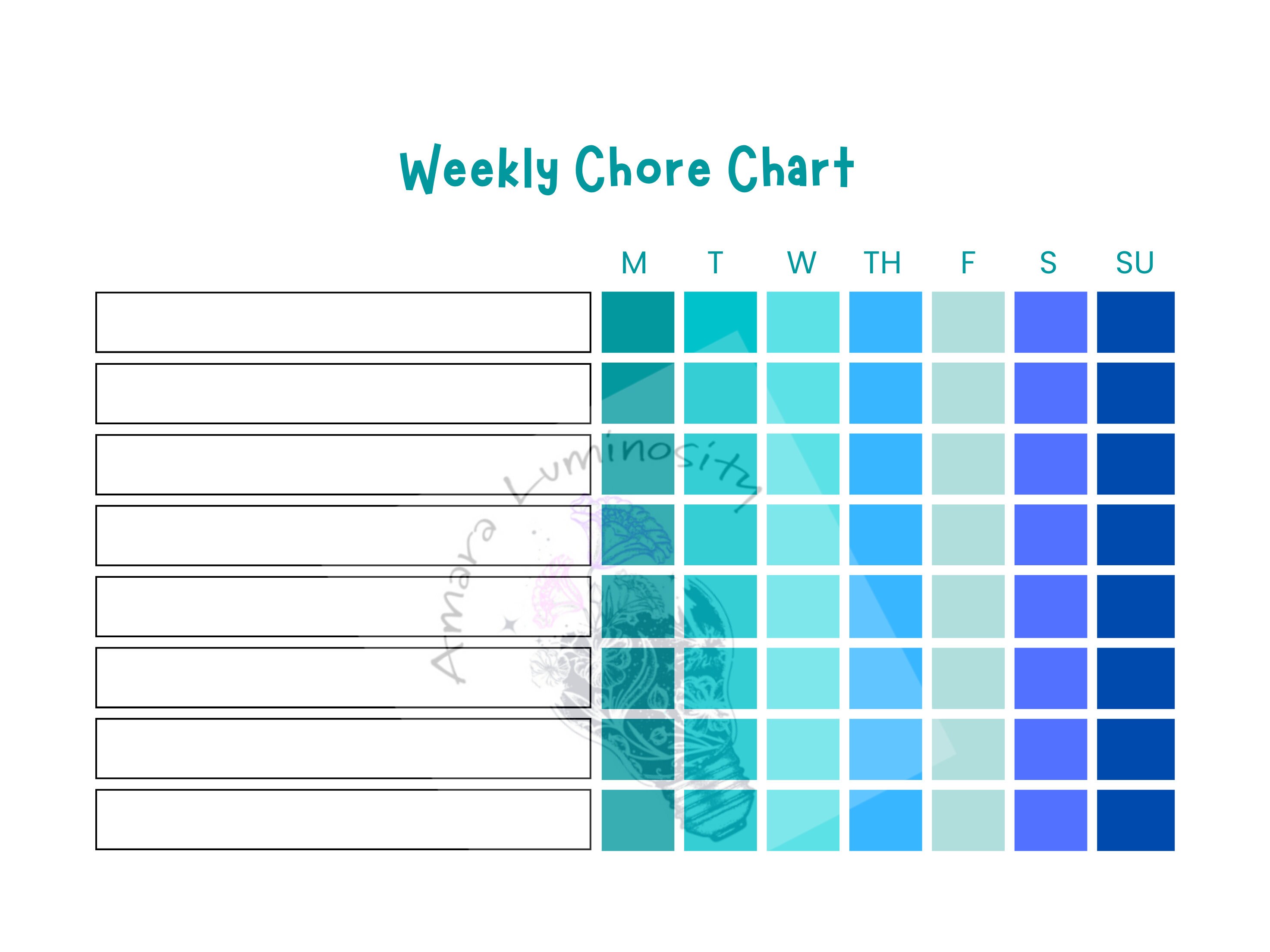 Weekly Chore Chart Printable Kids Teens Adults Plain Blue Green Teal ...