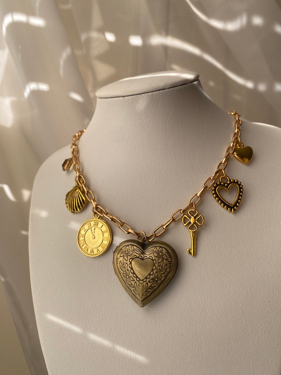 Charm Necklace 6 Gold Plated Steel Multi Large Charm Locket Adjustable ...