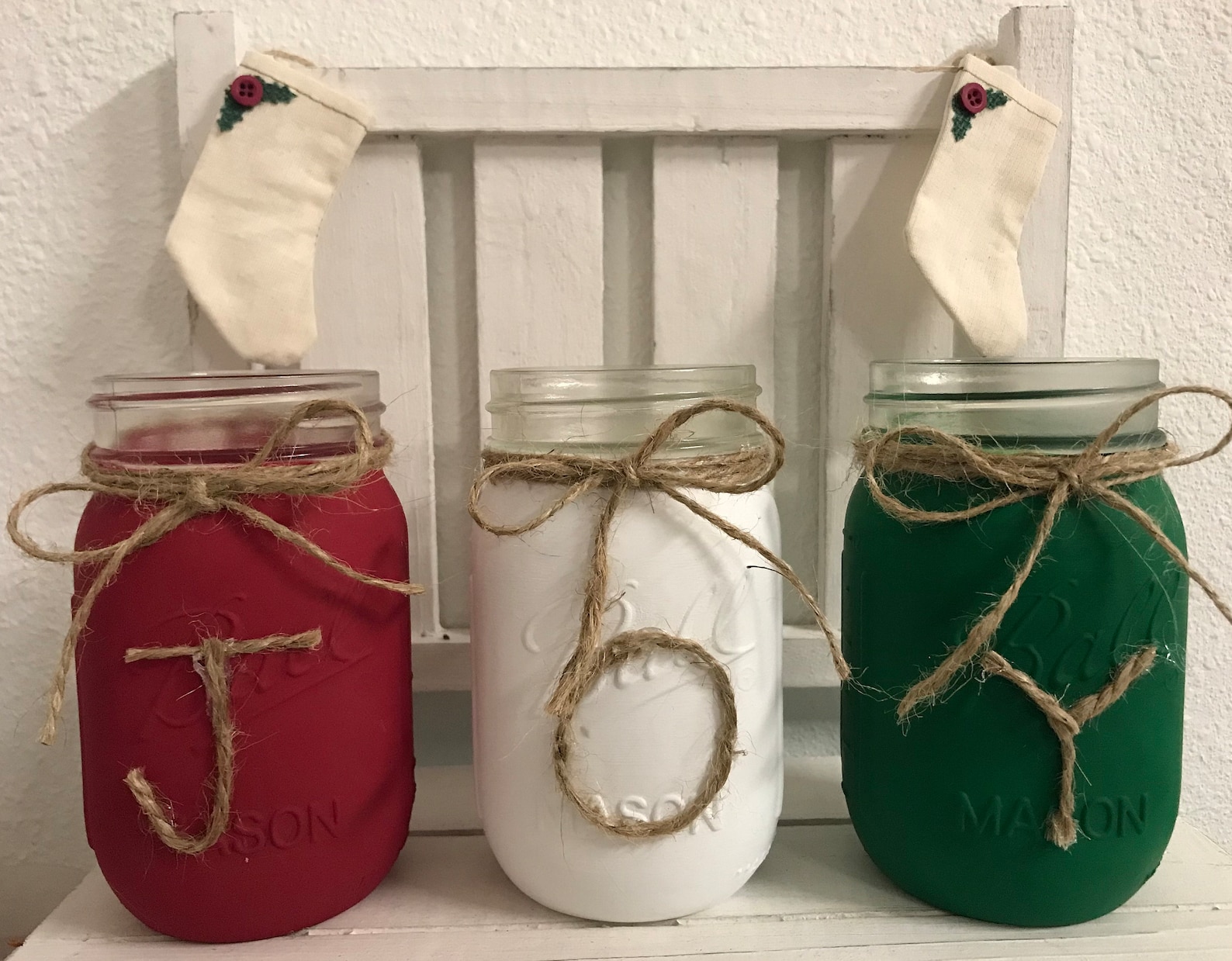 3- Piece Christmas "joy" Centerpiece -hand Painted Mason Jars - Etsy