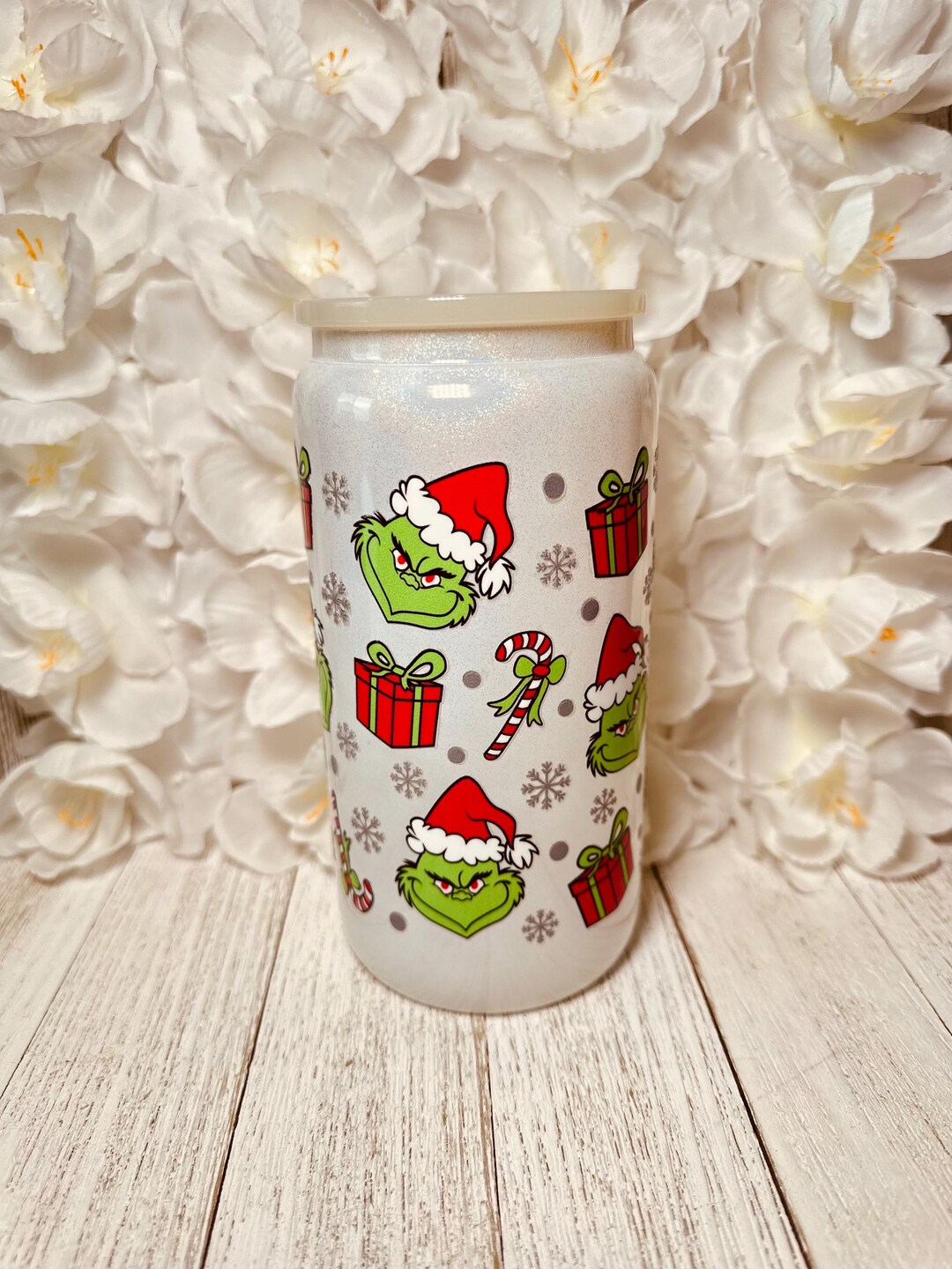 Grinch Shimmer Glass Cup With Lid and Straw - Etsy