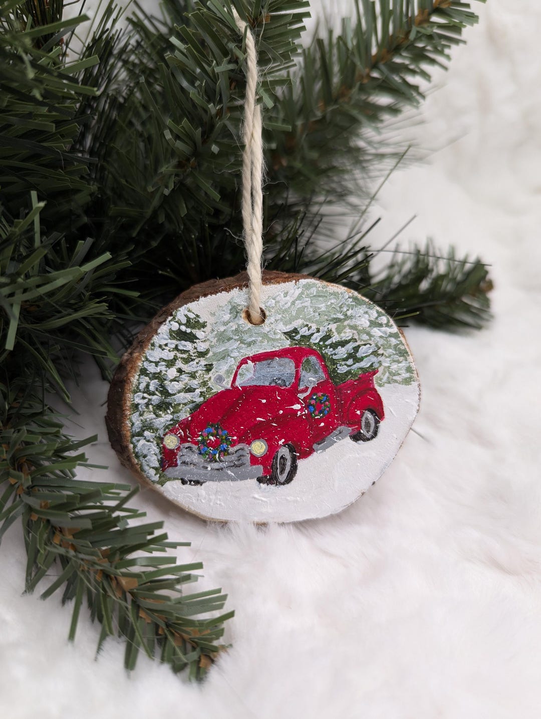 Little Red Christmas Truck Hand Painted Wood Slice Ornament - Etsy